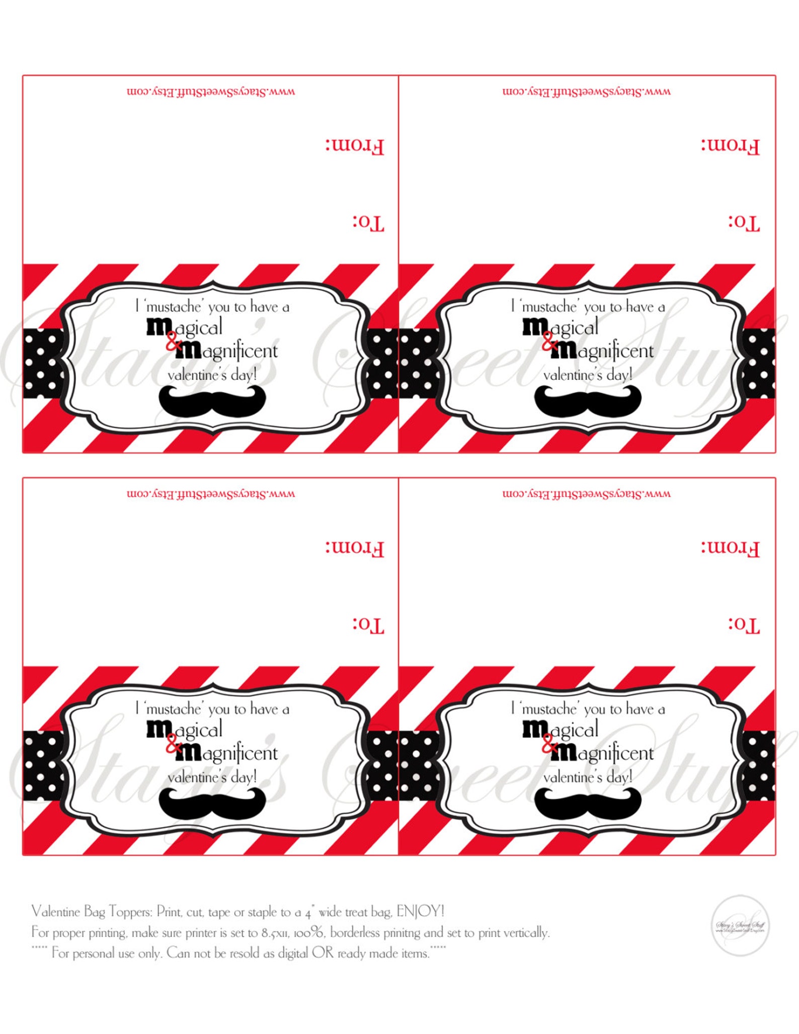 Mustache Valentine Bag Topper, Printable Valentine, Valentine's Day ...