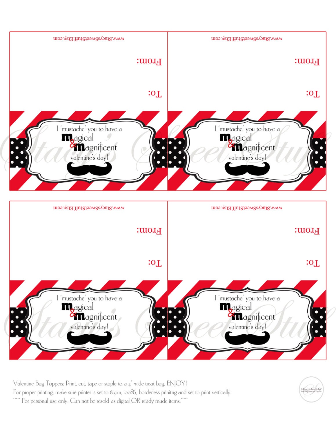 Mustache Valentine Bag Topper, Printable Valentine, Valentine's Day ...