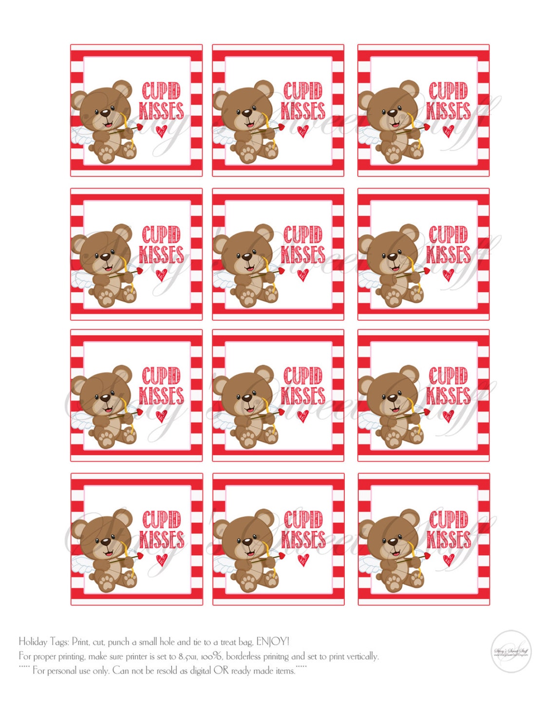 Valentine Tags, Kiss Valentine, Cupid Valentine, Valentine Kisses Tag ...