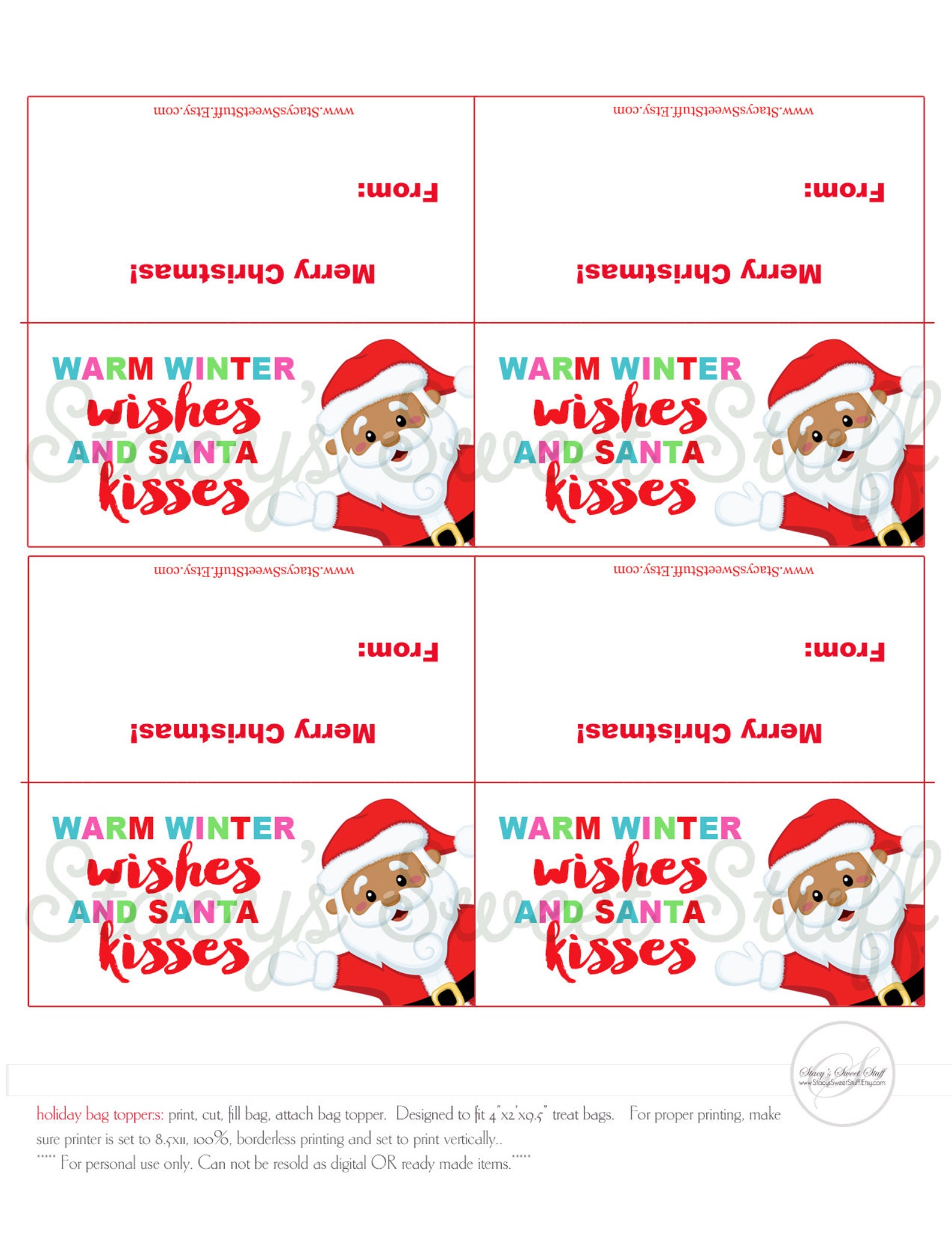 Santa Kisses Christmas Bag Topper Christmas Bag Topper, Printable Bag ...