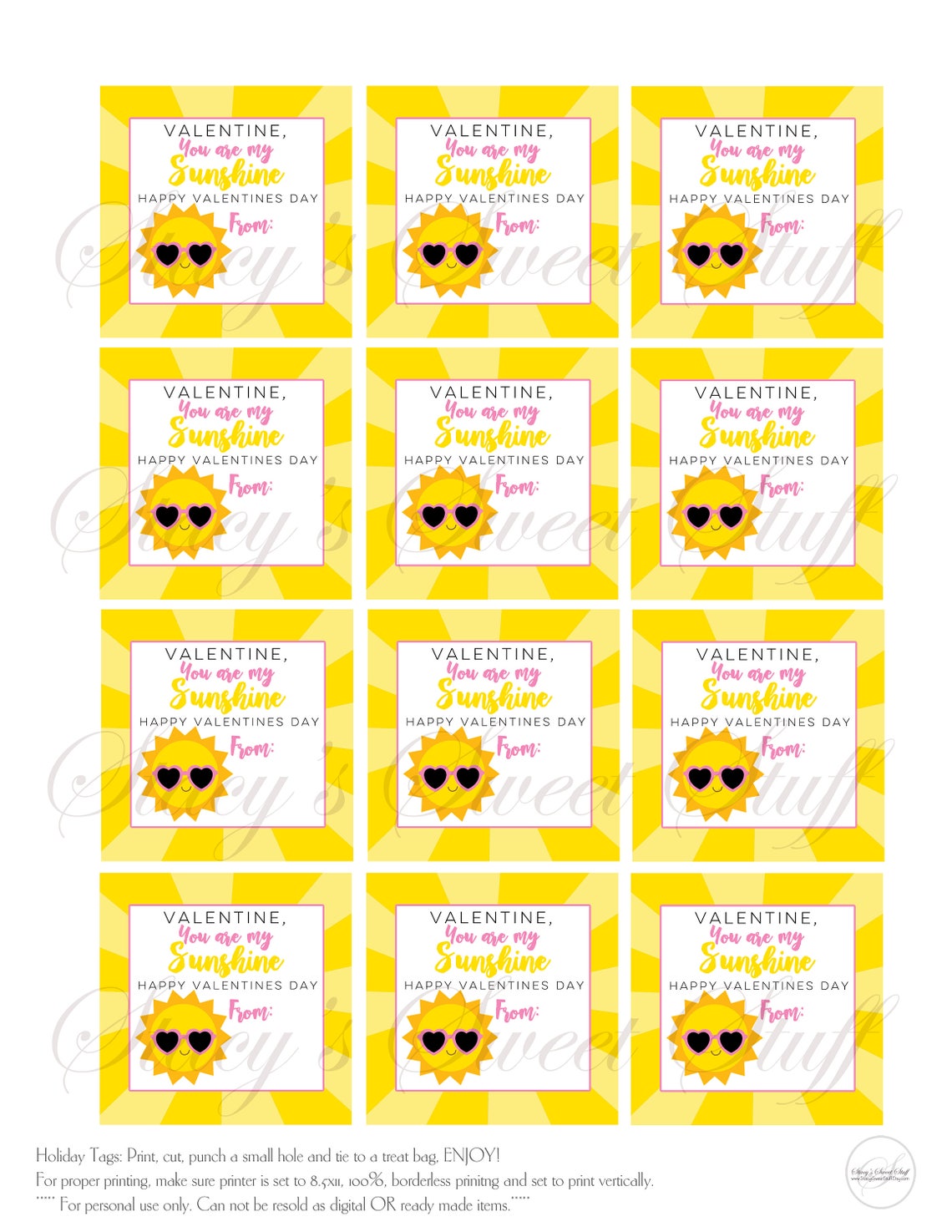 Sun Valentine, Sunglasses Valentine, Sun Tag, Printable Valentine ...