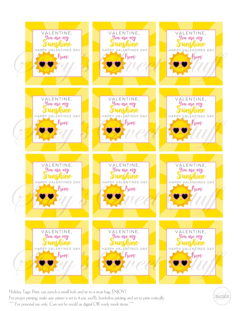 Sun Valentine Sunglasses Valentine Sun Tag Printable - Etsy