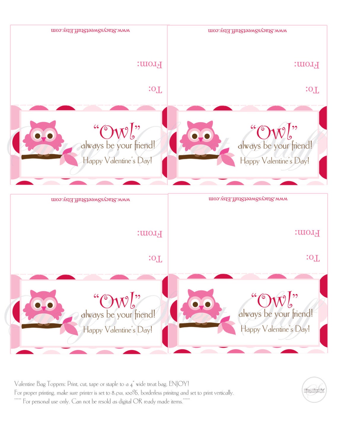 Owl Valentine, Printable Valentine, Owl Bag Topper, Valentine's Day ...