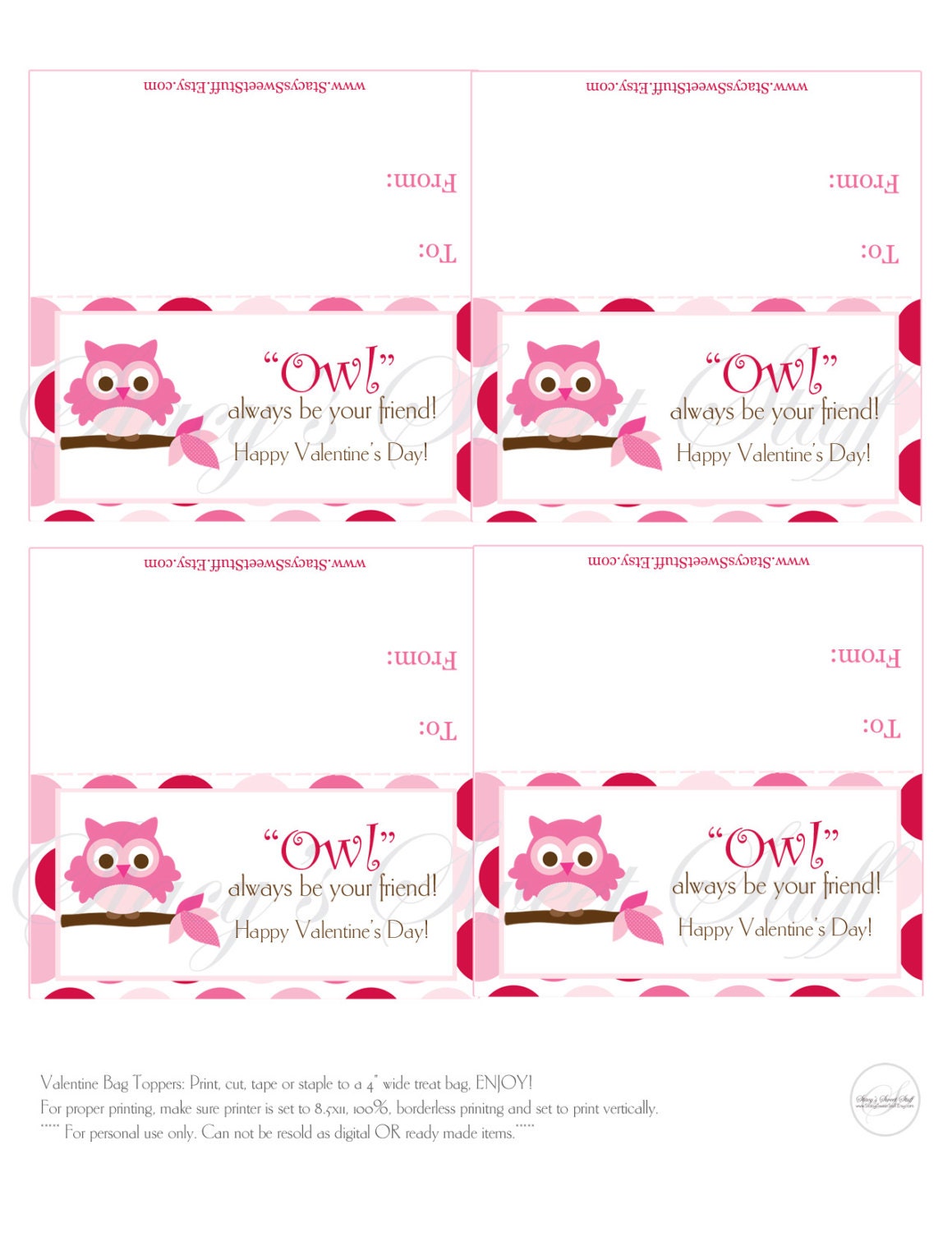 Owl Valentine, Printable Valentine, Owl Bag Topper, Valentine's Day ...