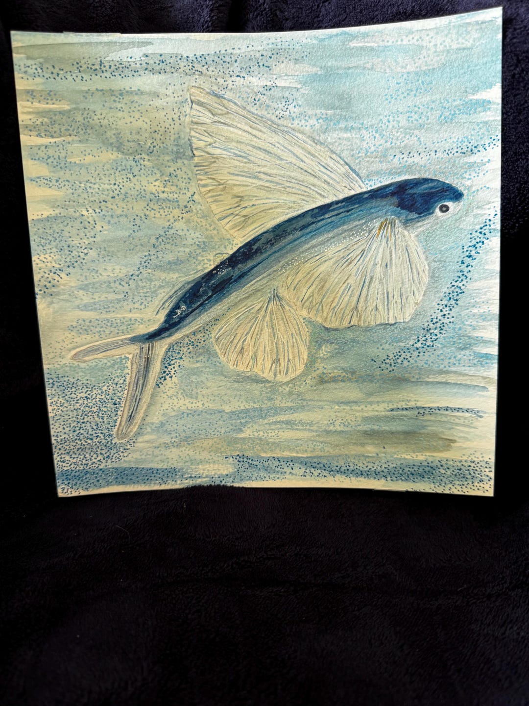 Hand Drawn Flying Fish Watercolor Painting: Acrylic Pointillism Art ...