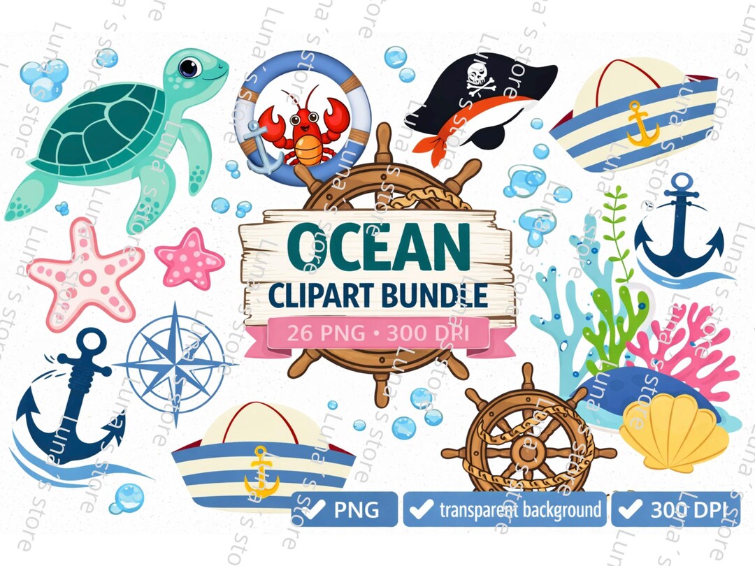 Ocean Clipart & Stickers PNG Bundle | Under the Sea Kids Graphics ...