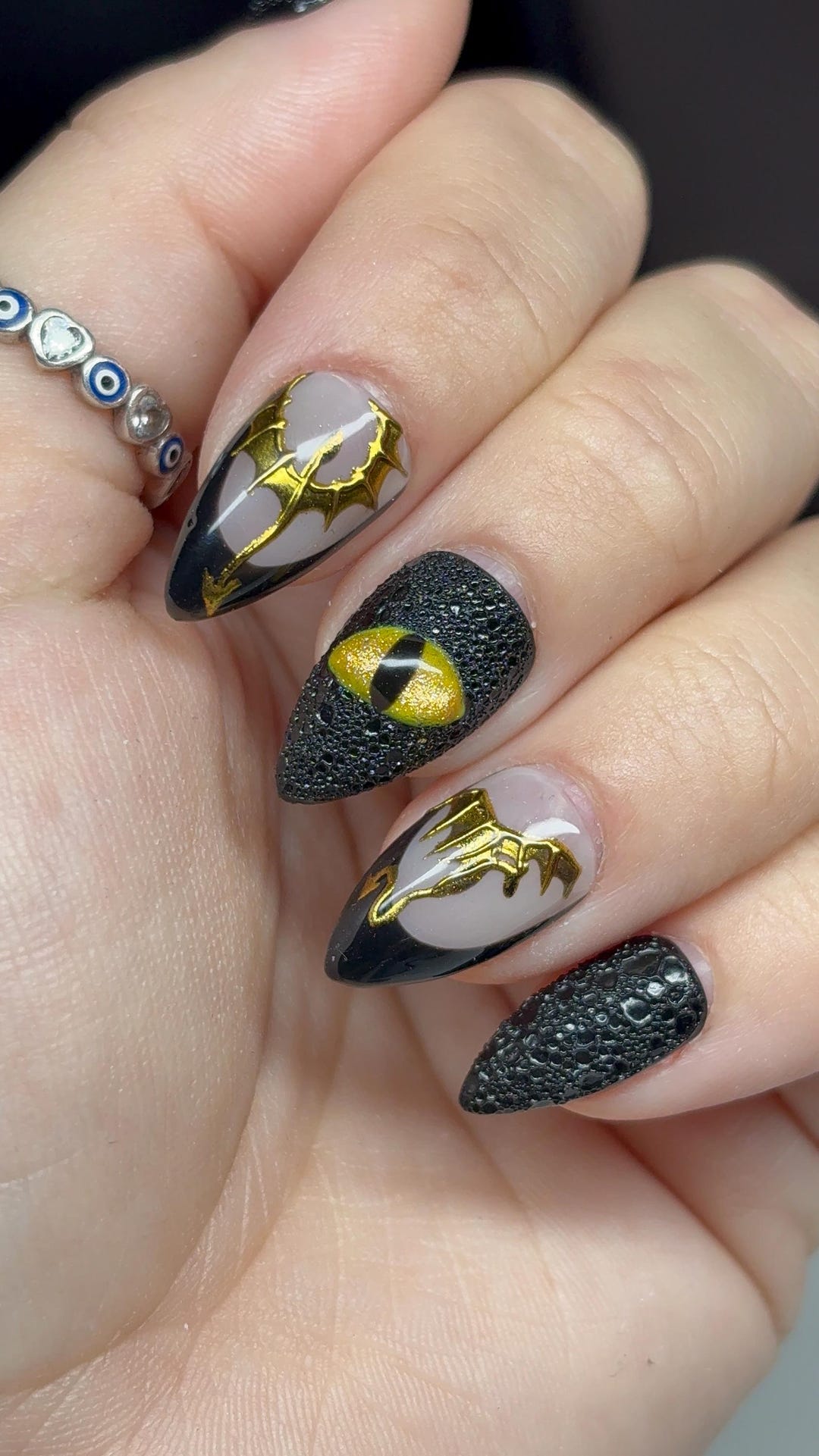 Dragon Eye Press on Nails – Fourth Wing Black & Gold Textured Nails ...