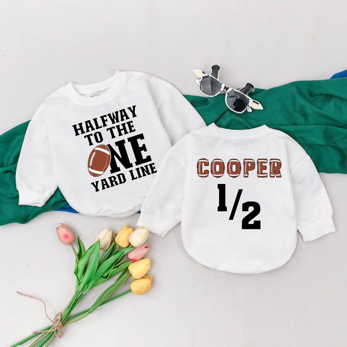 Personalized Halfway to the One Yard Line Romper, Half Birthday Outfit ...