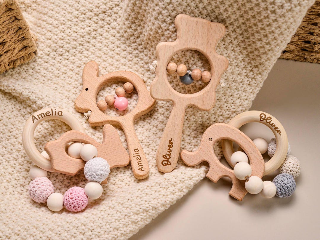 Personalized Wooden Baby Rattle, Custom Engraved Name Rattle, Animal ...