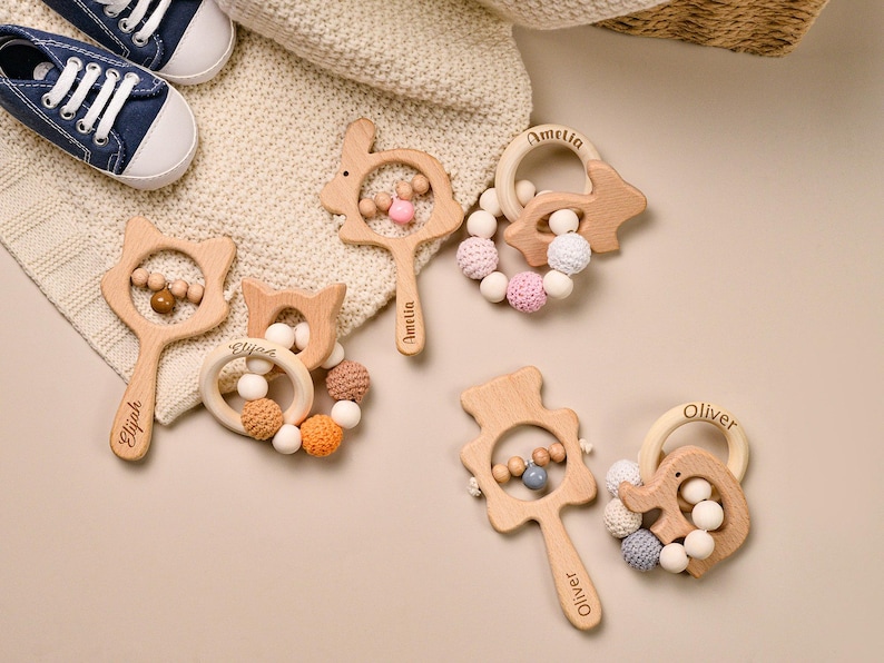 Personalized Wooden Baby Rattle, Custom Engraved Name Rattle, Animal ...