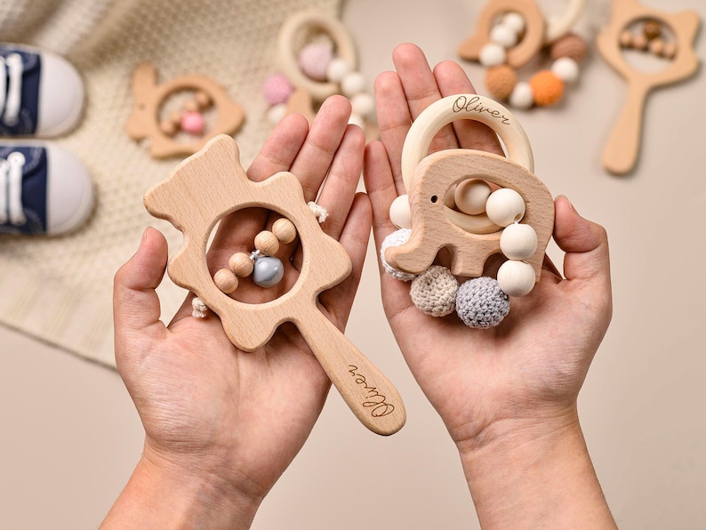 Personalized Wooden Baby Rattle, Custom Engraved Name Rattle, Animal ...