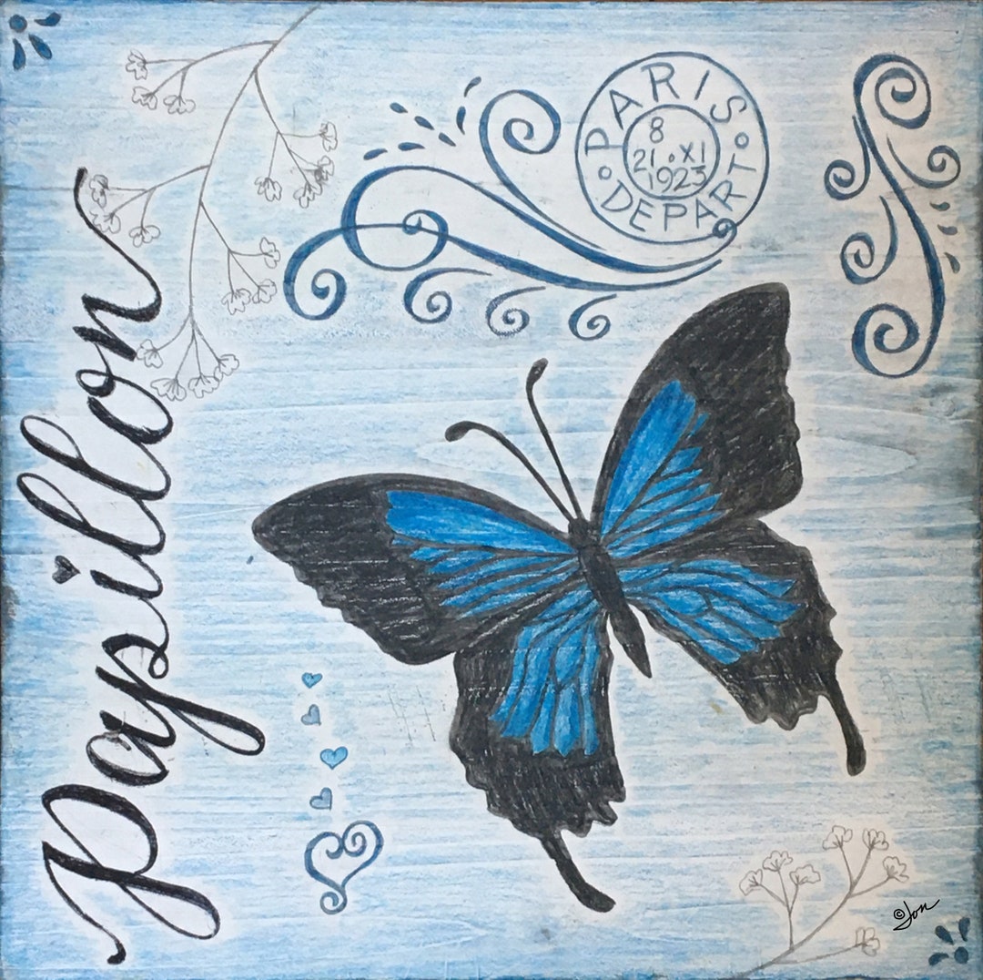 Papillon Butterfly 10x10" Color Pencil on White Wash Wood by Laurijon ...