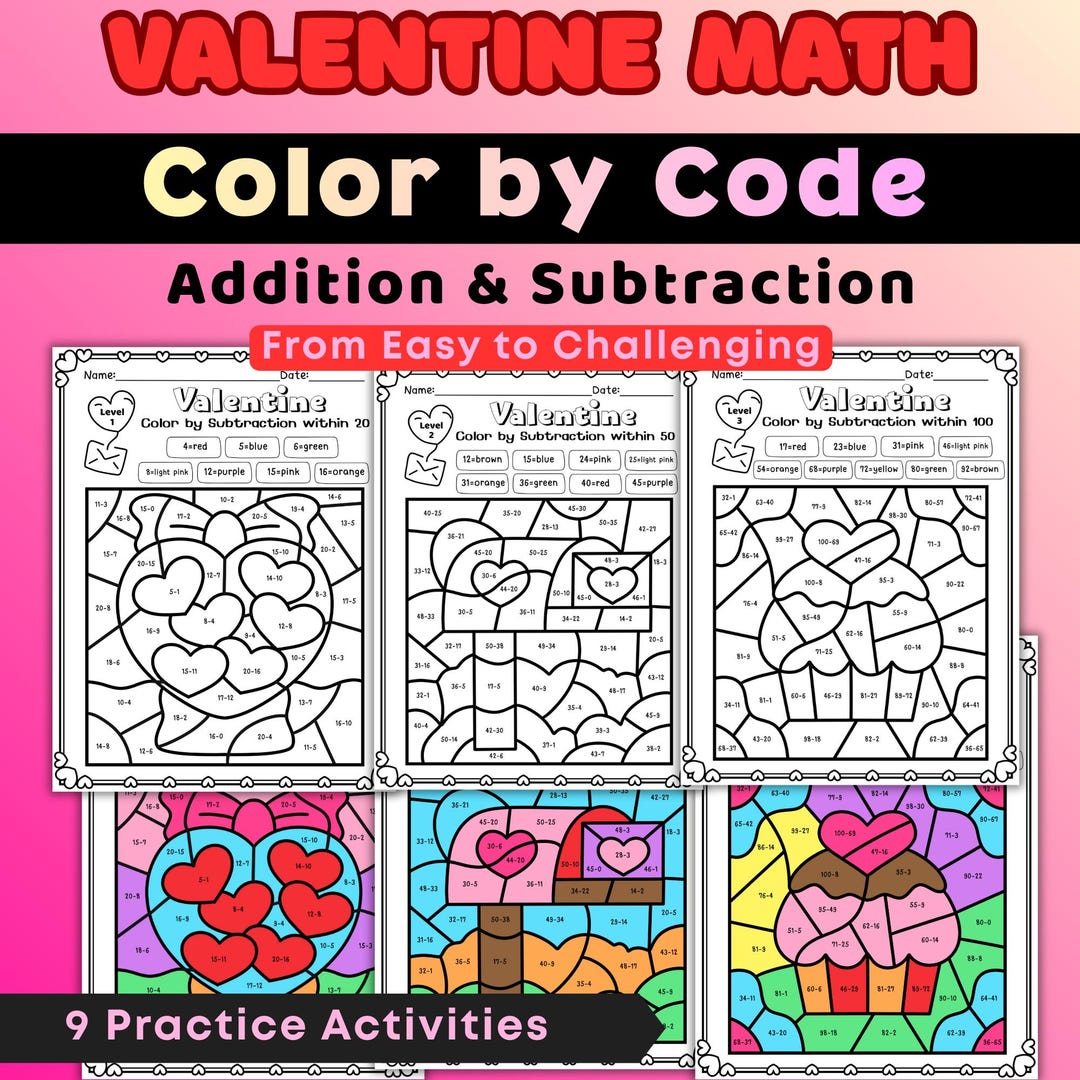 Valentine's Day Math Color by Code | K-2 Addition & Subtraction ...