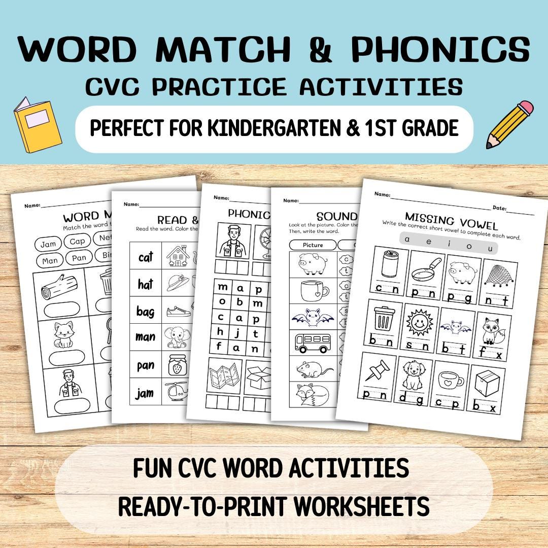 Phonics & Word Match Worksheets: Short Vowels, Missing Letters ...