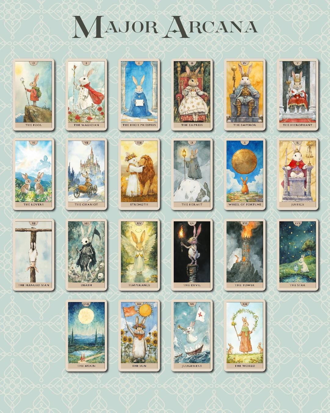 Rabbit Tarot Deck 78 Watercolor Cards Cute Divination Cards Rider Waite ...