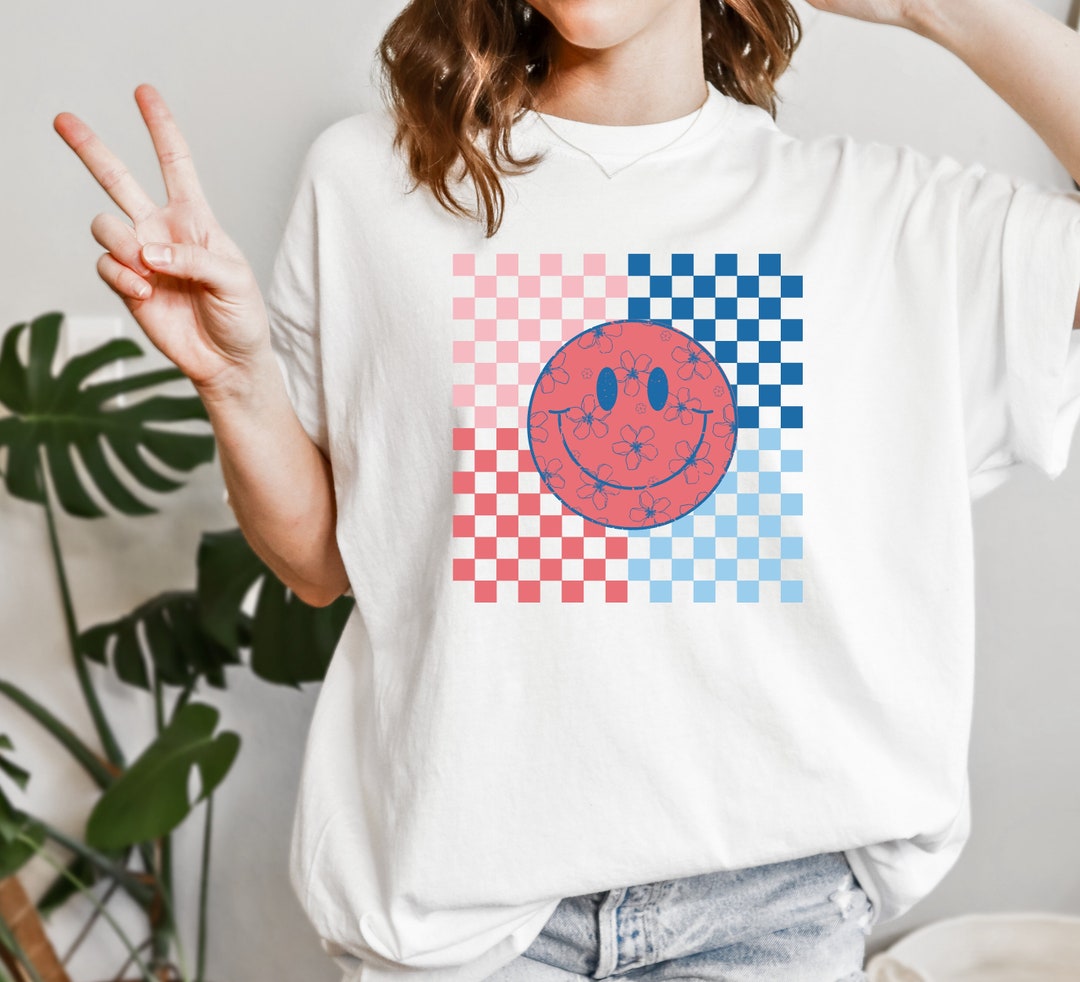 Checkered Smile Face Shirt, Smile Face Shirt, Graphic Tee Shirt, Retro ...