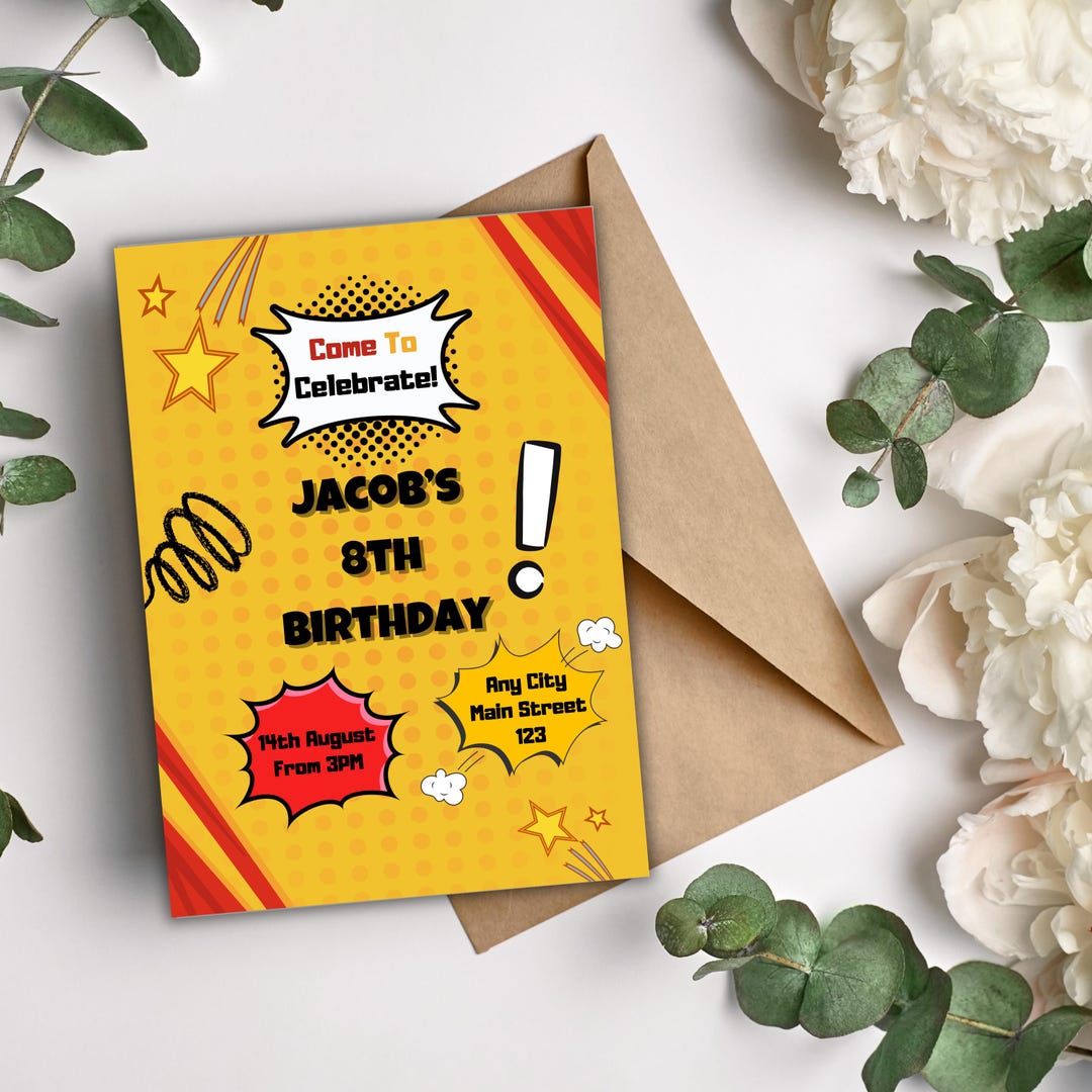 Comic Book Style Birthday Invitation, Editable Superhero Party Invite ...
