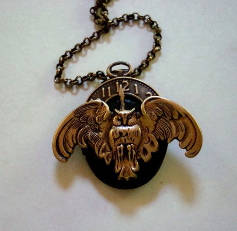 Steampunk Locket Owl and Clock Necklace Wings Time Flight - Etsy