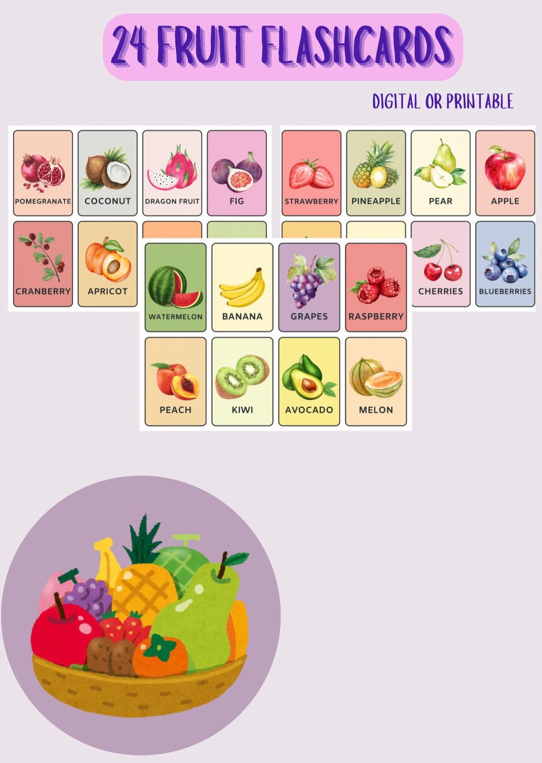 24 Fruit Flashcards Printable Flashcards Preschool Flashcards Digital ...