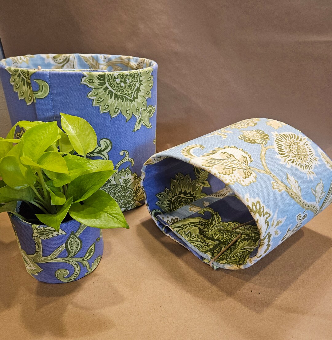 3 Pack Designer Collection Fabric Plant Pot Covers, Blue Floral ...