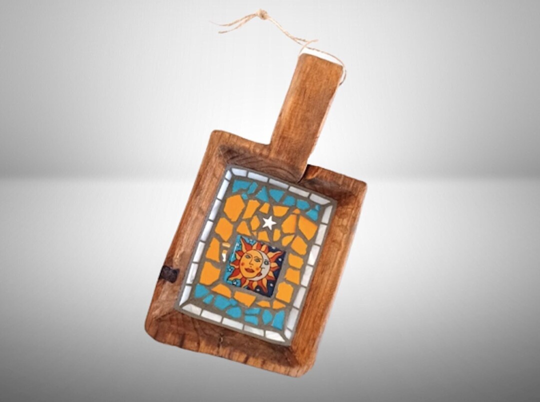 Southwestern Sun and Moon Tile Mosaic Art, Rustic Wood Bowl With ...