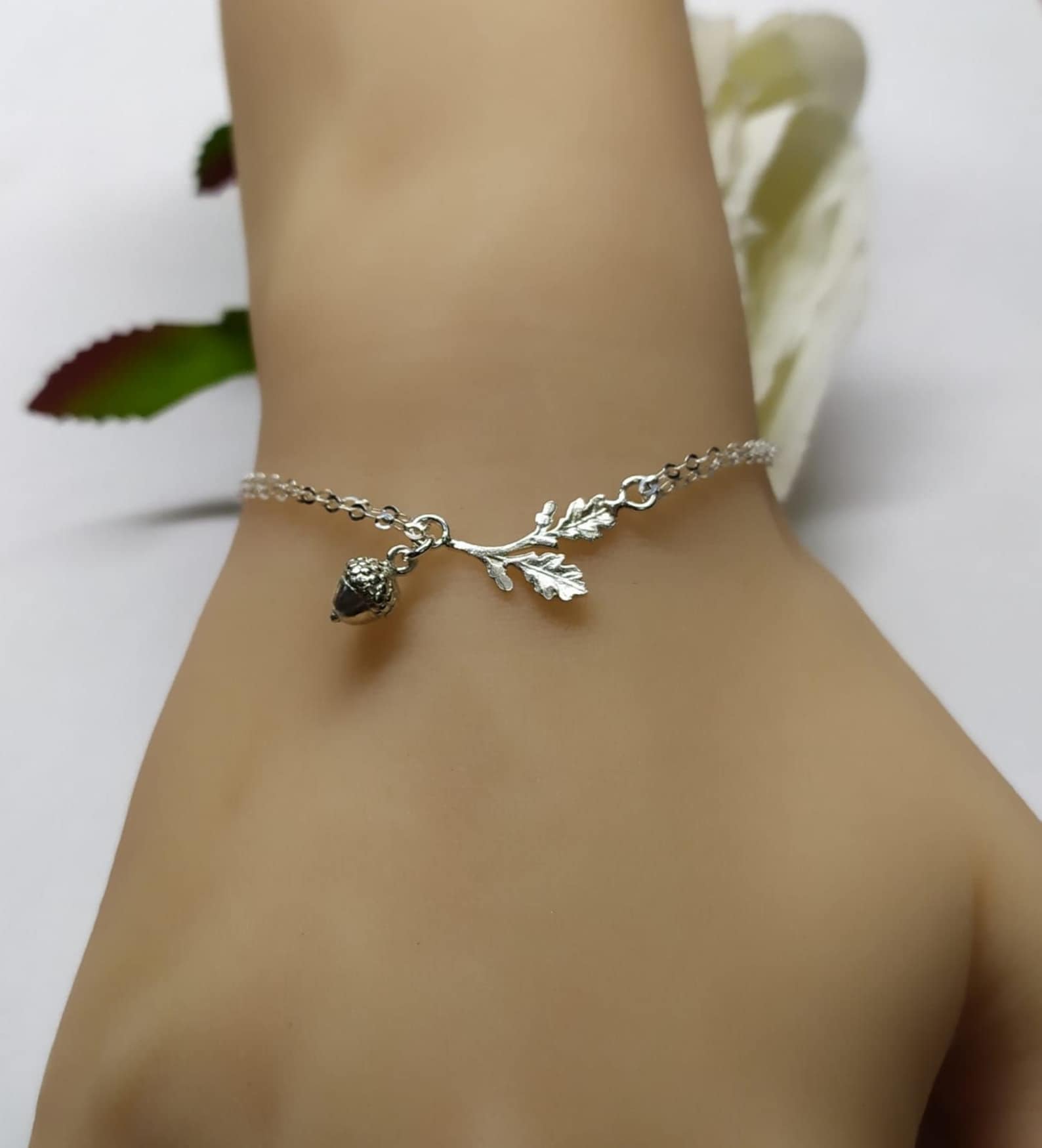 Acorn Bracelet, Oak Leaf Bracelet, Dainty Nature Bracelet, Sterling ...