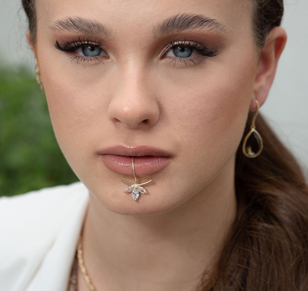 Diamond Lip Cuff, Fake Lip Ring, Faux Piercing, Sterling Silver ...