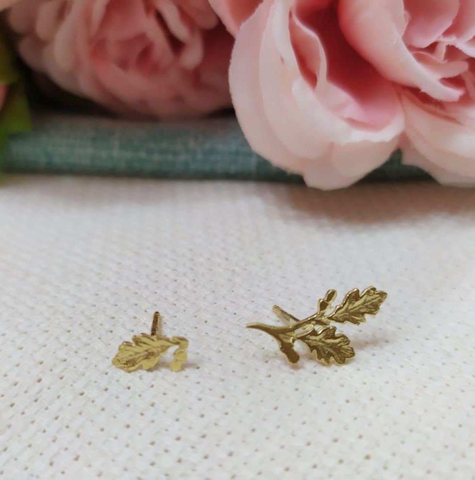 Solid Gold Oak Leaf Studs- Leaf Studs- A Symmetric Earring - Real 14K ...