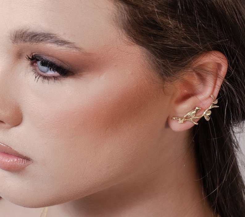 Leaves and Cute Bird Ear Cuff Ear Climber Branch and Cute - Etsy