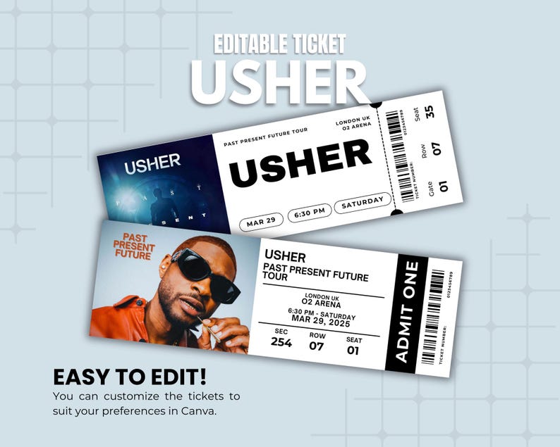 Usher Editable Concert Ticket Template - Set of 3 Customizable Ticket ...