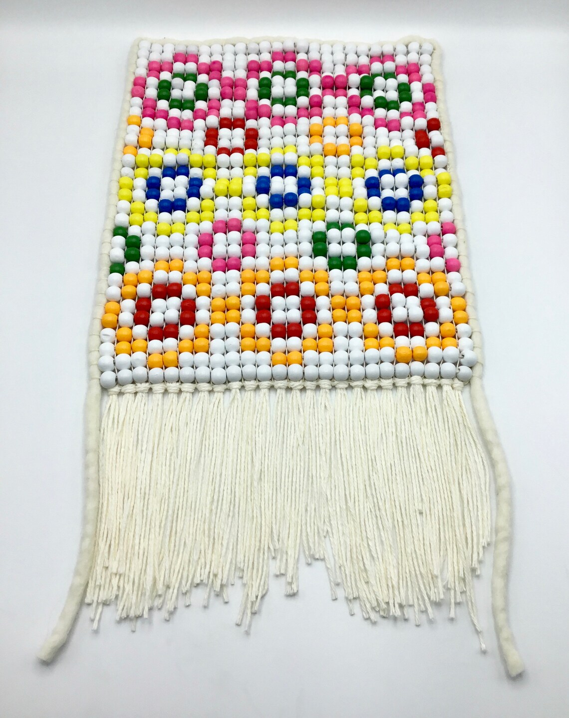 Beaded Woven Tapestry Multicolor Wood Bead Handmade One of a Kind Large ...