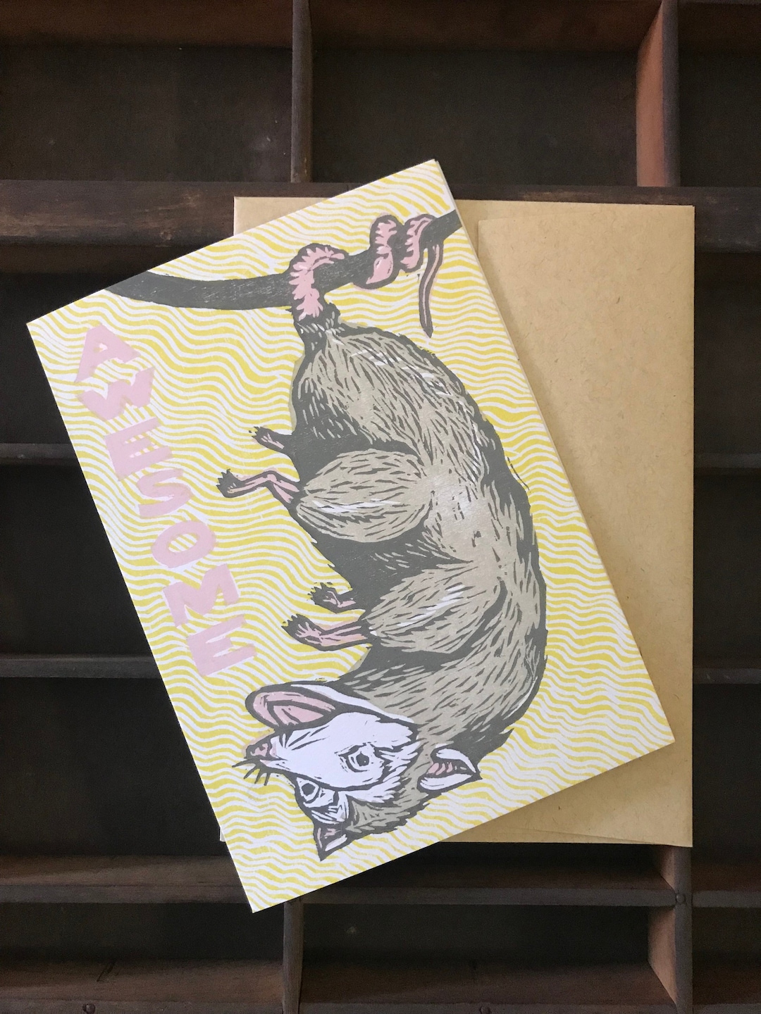 Awesome Possum Woodcut Card - Etsy