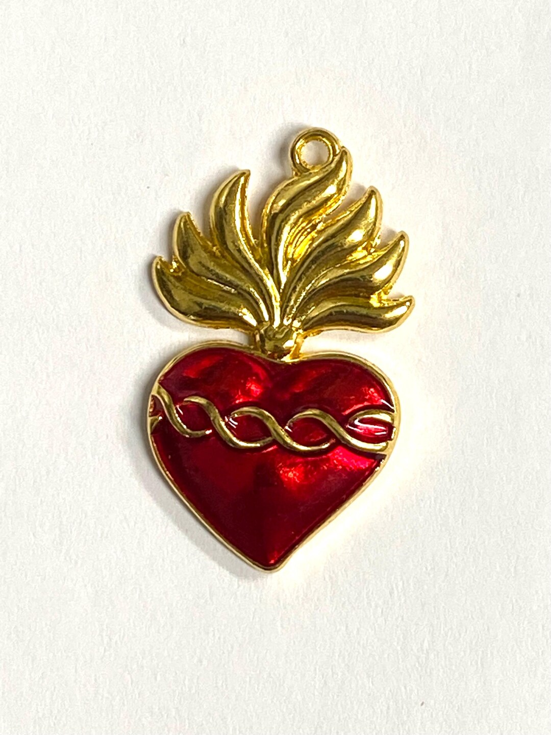 Milagros Heart Pendant Red Enamel Flame Heart Gold Plated Large ...