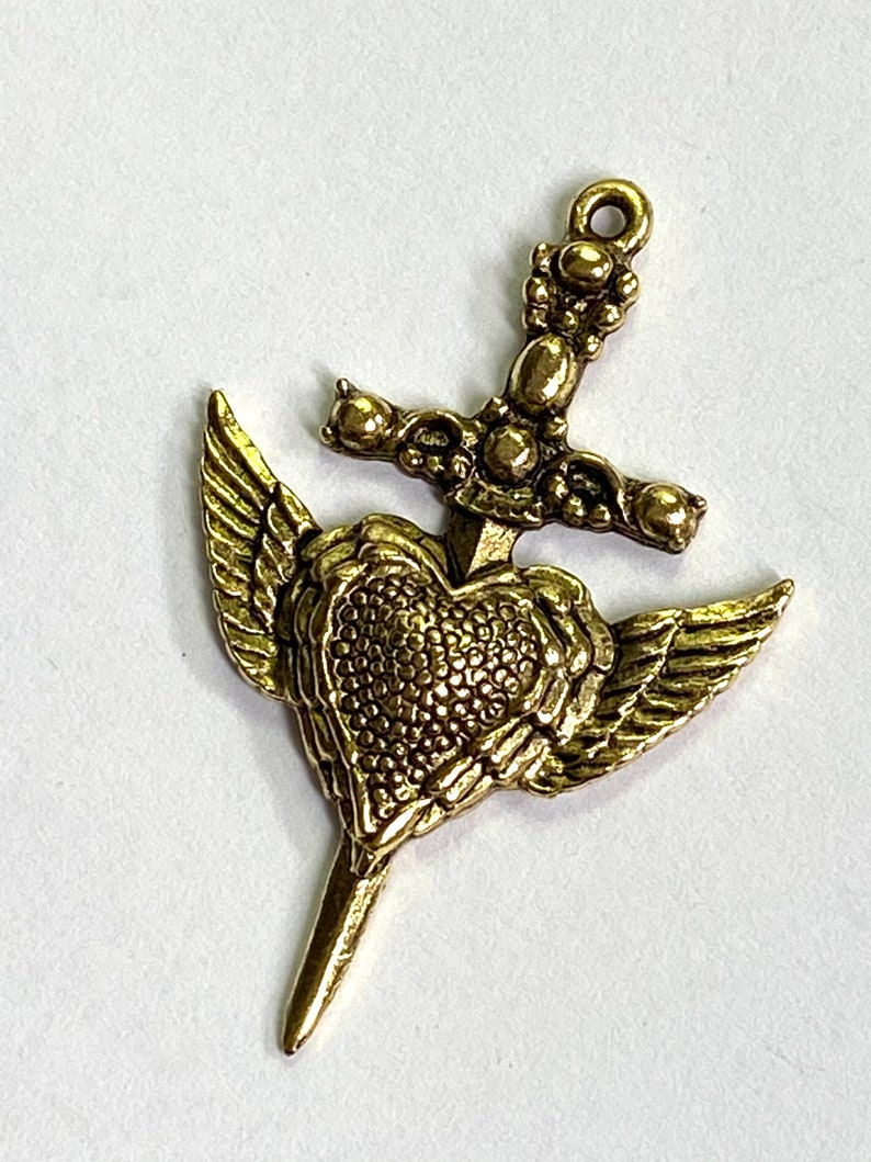 Pewter Dagger Angel Wings Heart Pendant Milagros Charm Made in - Etsy