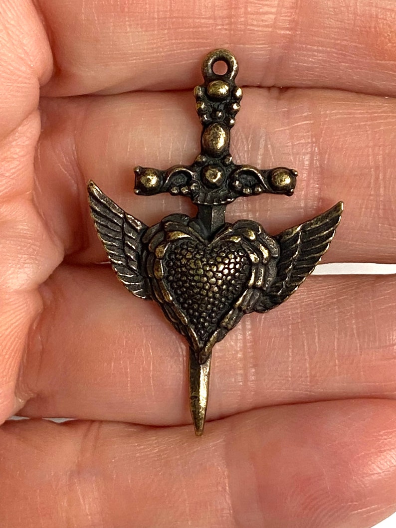 Pewter Dagger Angel Wings Heart Pendant Milagros Charm Made in - Etsy