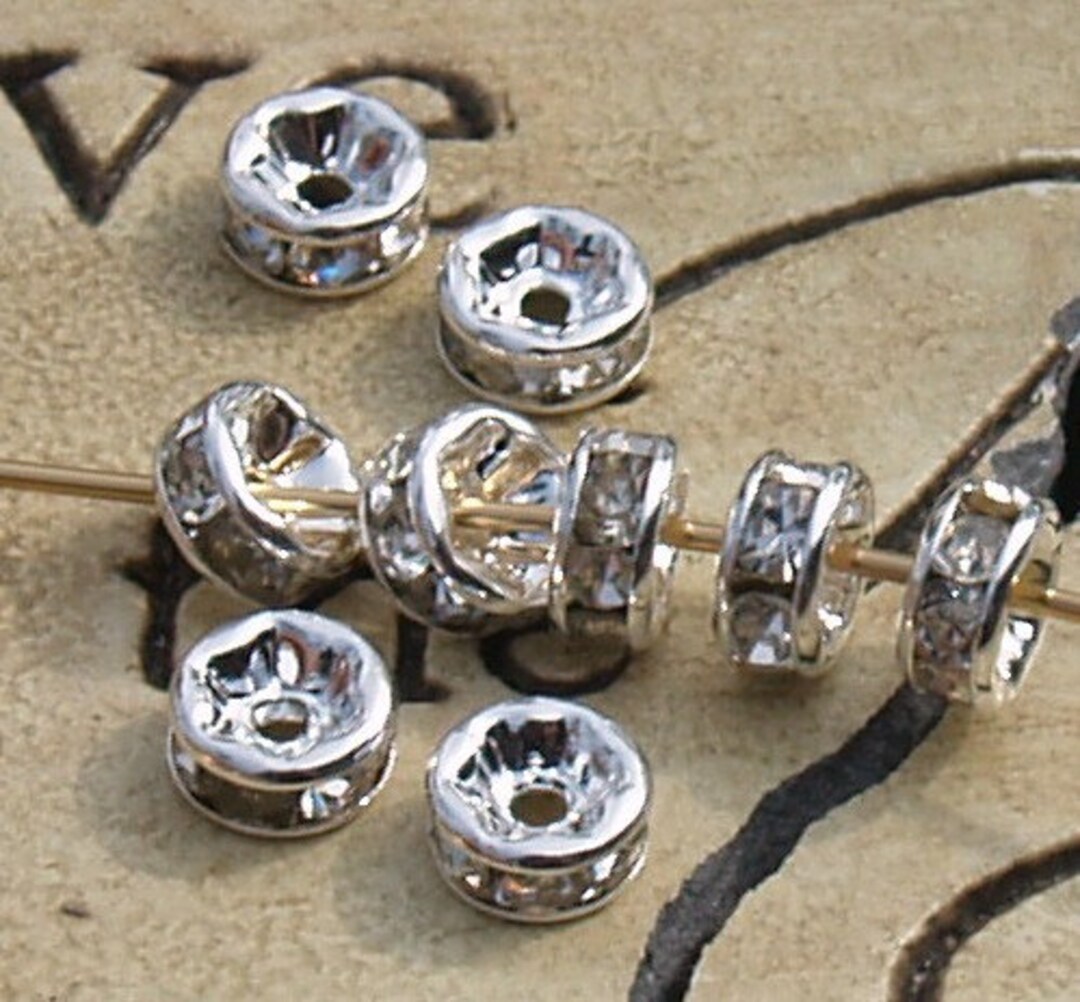 20 Pieces 6mm Silver Clear Rhinestones Rondelle Spacer Beads 6mm X 3mm ...