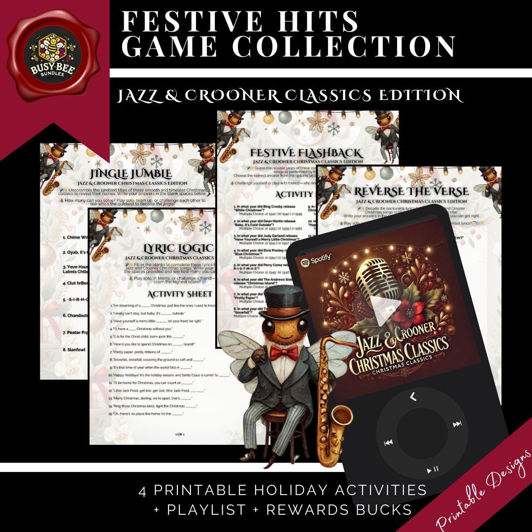 Jazz & Crooner Holiday Classics Party Game Bundle – 4 Printable Holiday ...