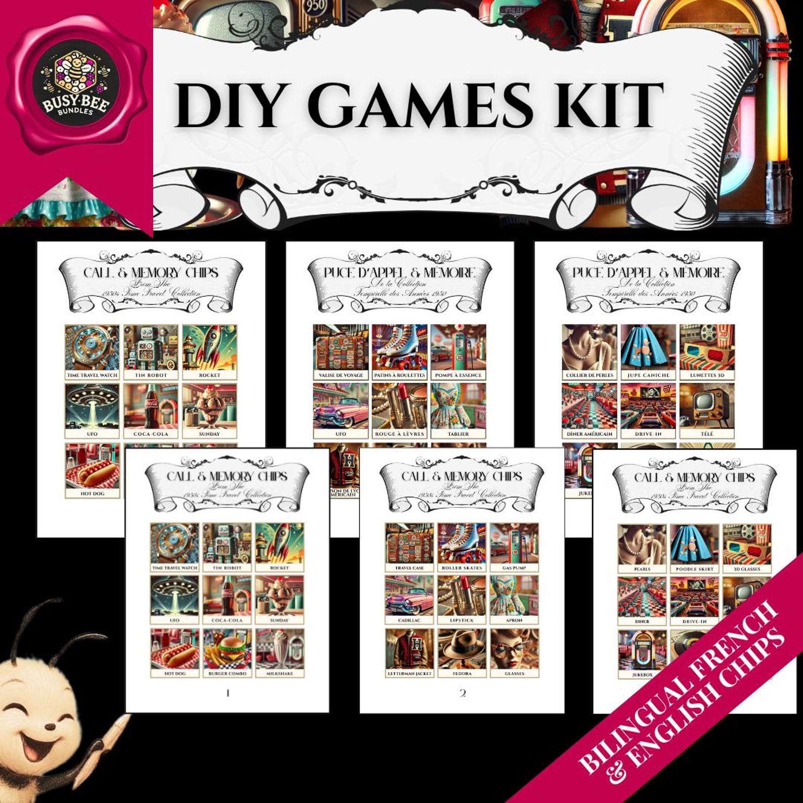 1950s Time Travel Bingo Game: Retro Party Printable (bilingual English ...