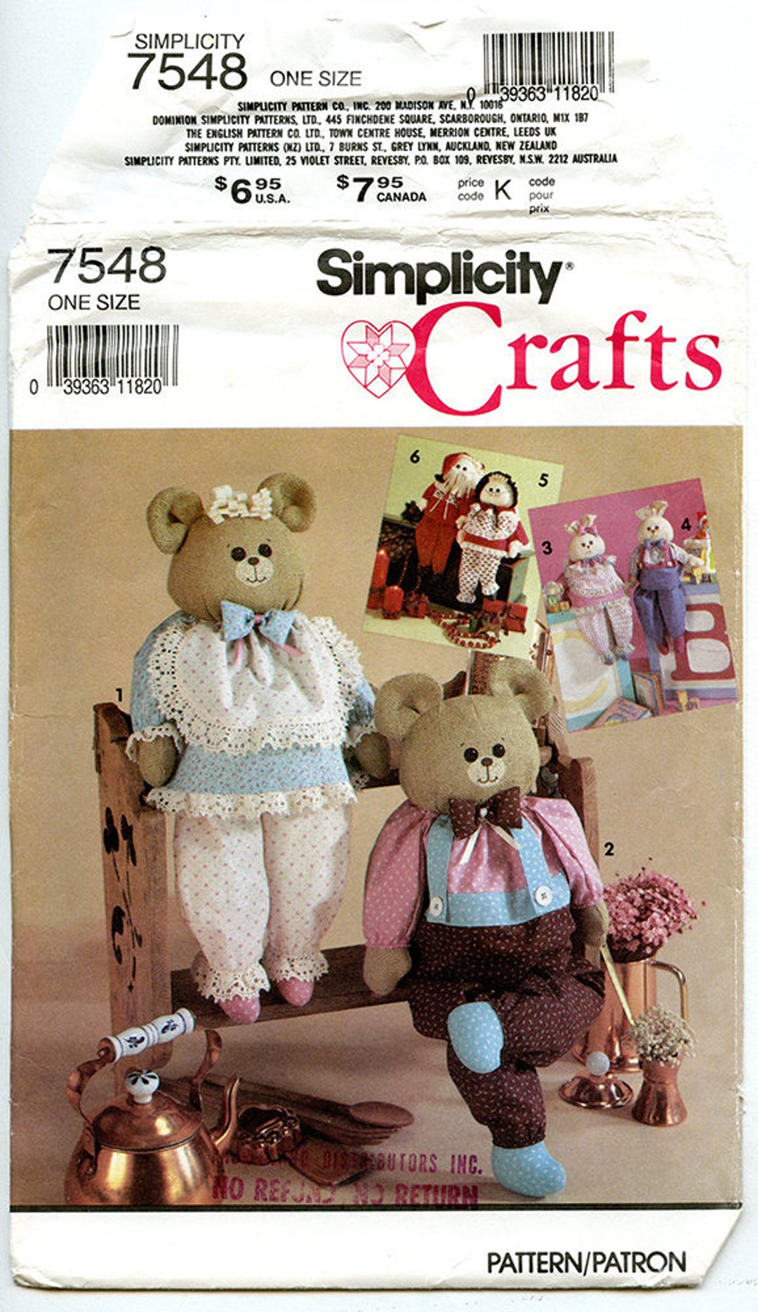 Vintage Simplicity Crafts 7548 Fabric Dressed Teddy Bears, Bunny ...
