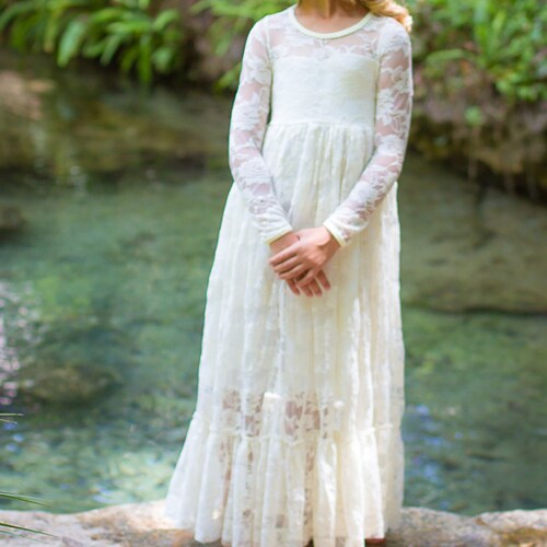 Flower Girl Dress White Lace Long Sleeve Dress Flower Girl Etsy
