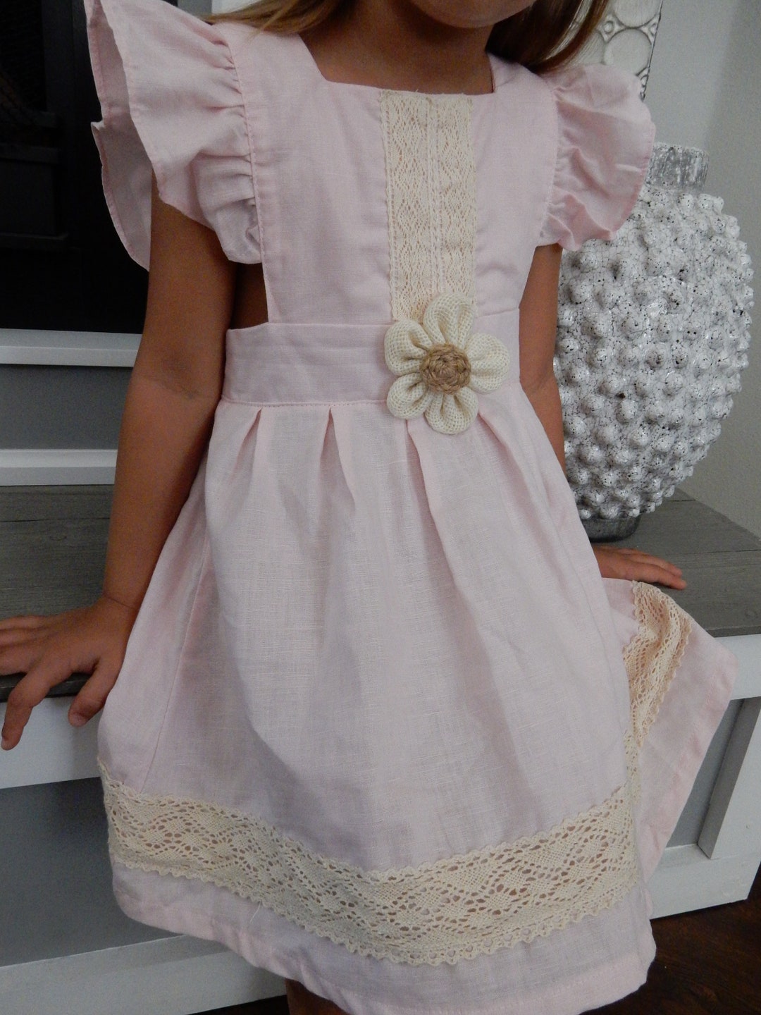 Girls Easter Dress- Flutter Sleeve Dress- Pink and Ivory Dress- Flower ...