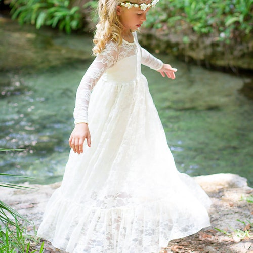 Long Sleeve Lace Flower Girl Dress Rustic Tulle Wedding Etsy