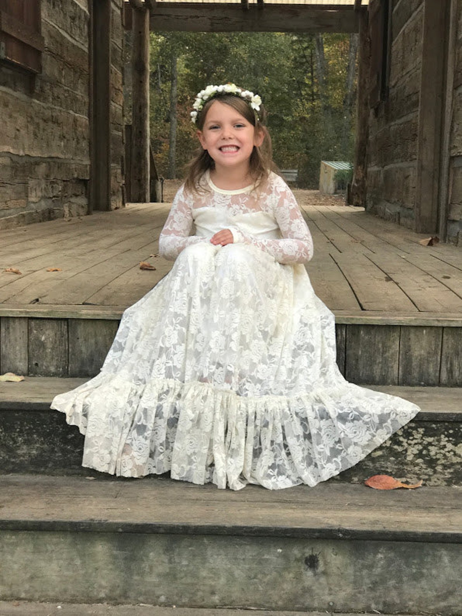 Girls Lvory Long Lace Dress W/ Beautiful Rhinestone - Etsy