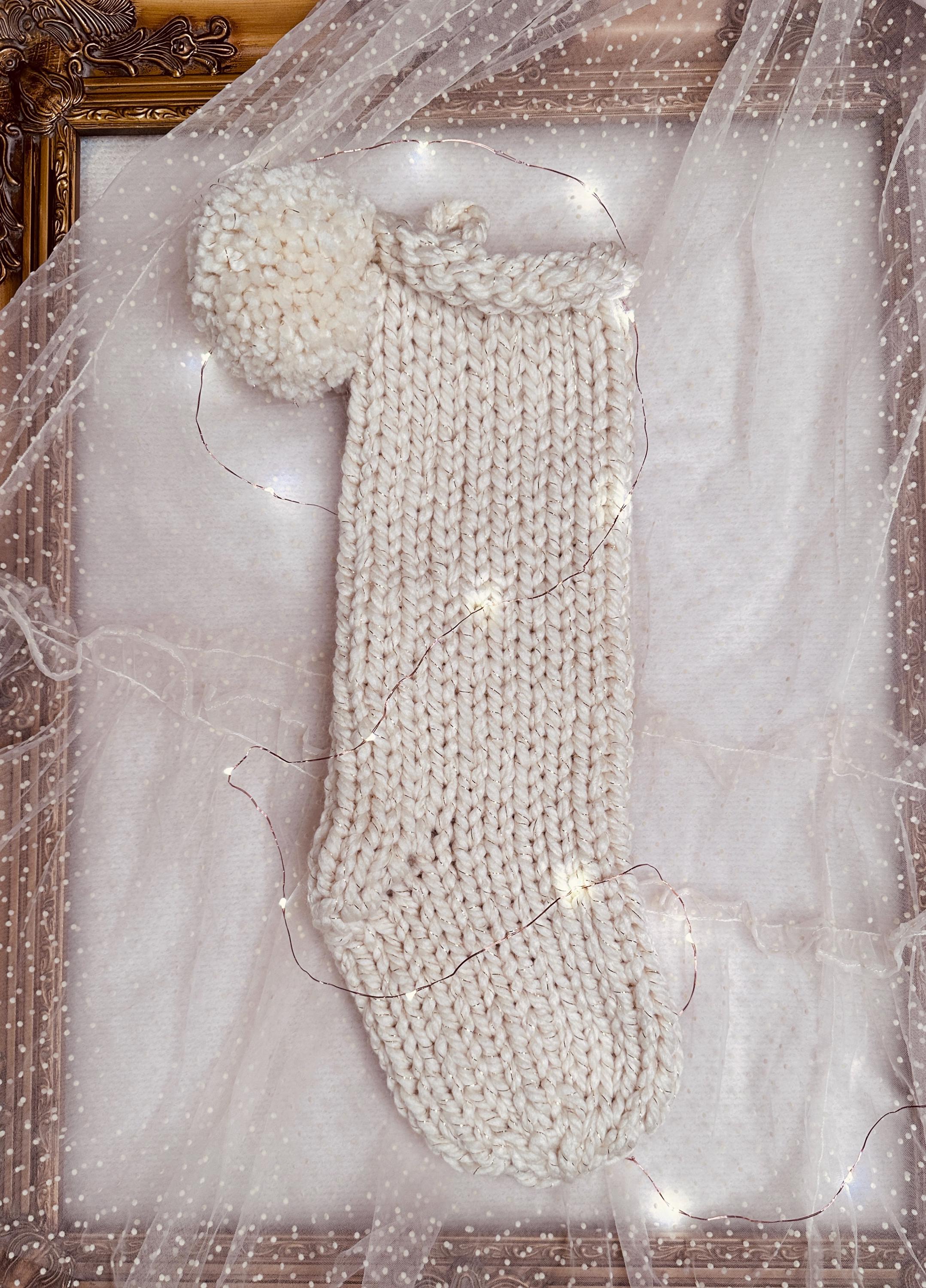 Classic Hand Knit Holiday Stocking Cream With Gold Tinsel * Made to ...