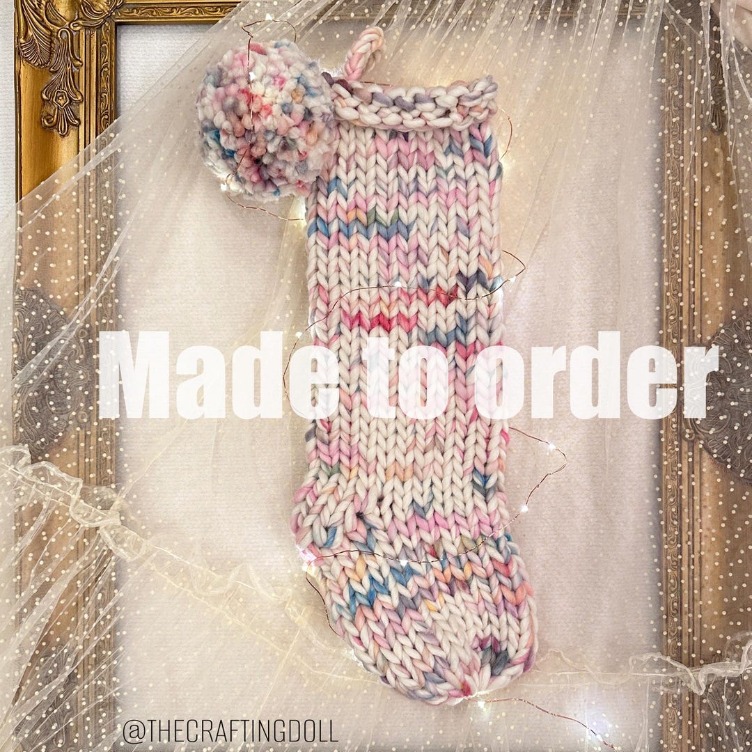 Classic Hand Knit Holiday Stocking Cream/rainbow Mix MADE TO ORDER - Etsy