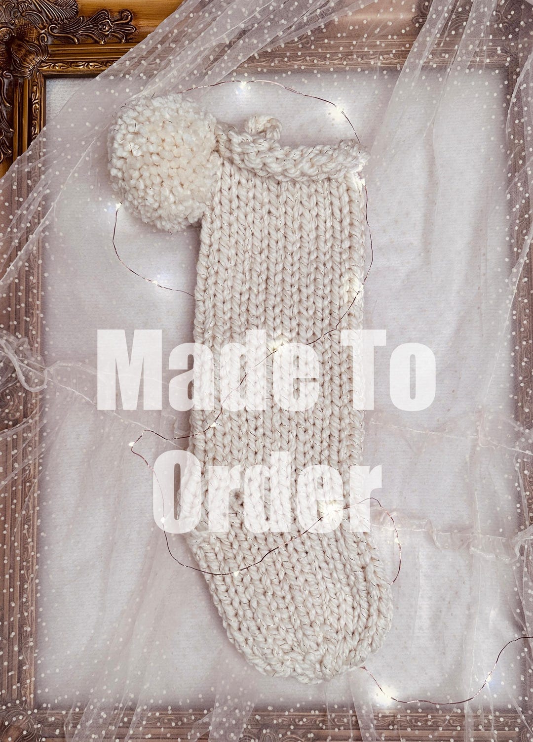 Classic Hand Knit Holiday Stocking Cream With Gold Tinsel * Made to ...