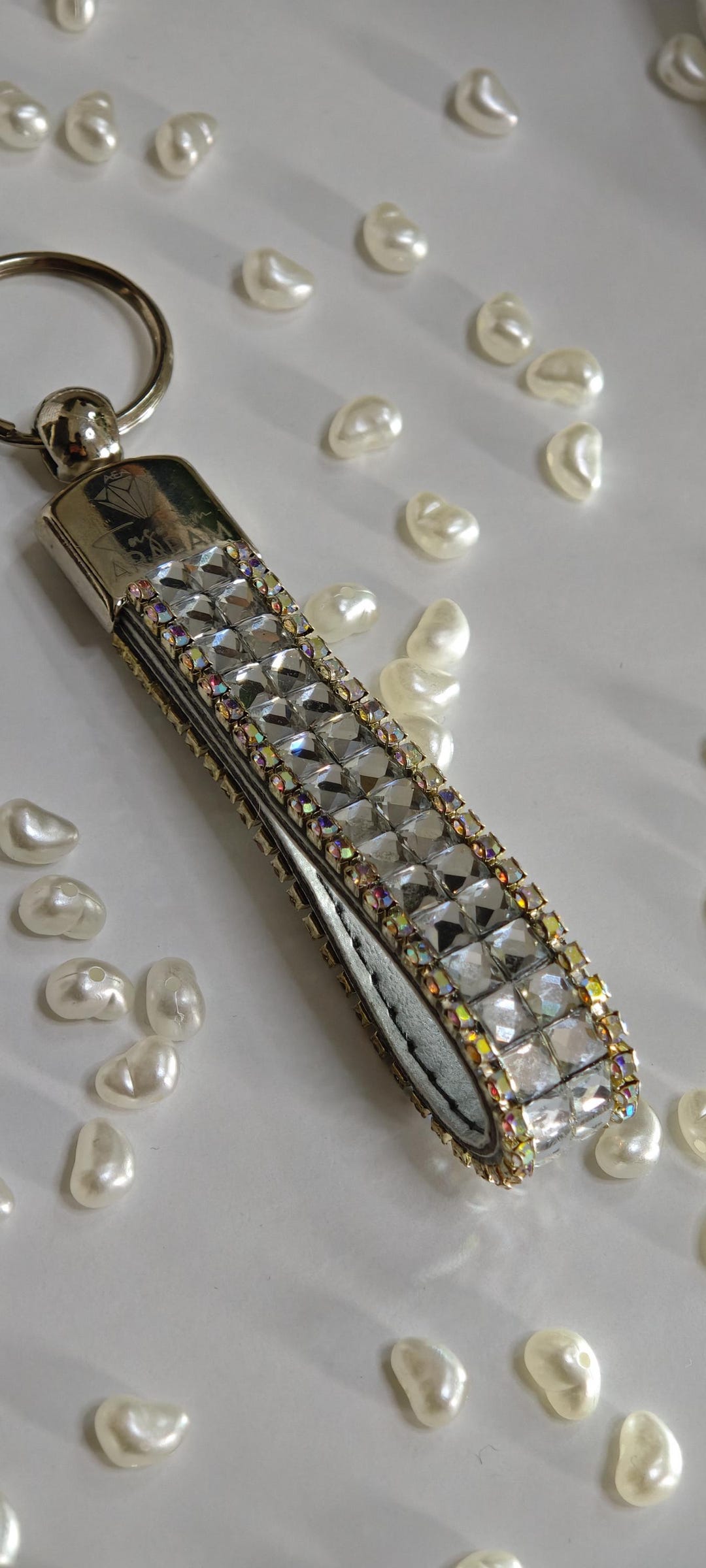 Swarovski Crystal Leather Keychain – Shiny Baguette Stone Gold & Silver ...