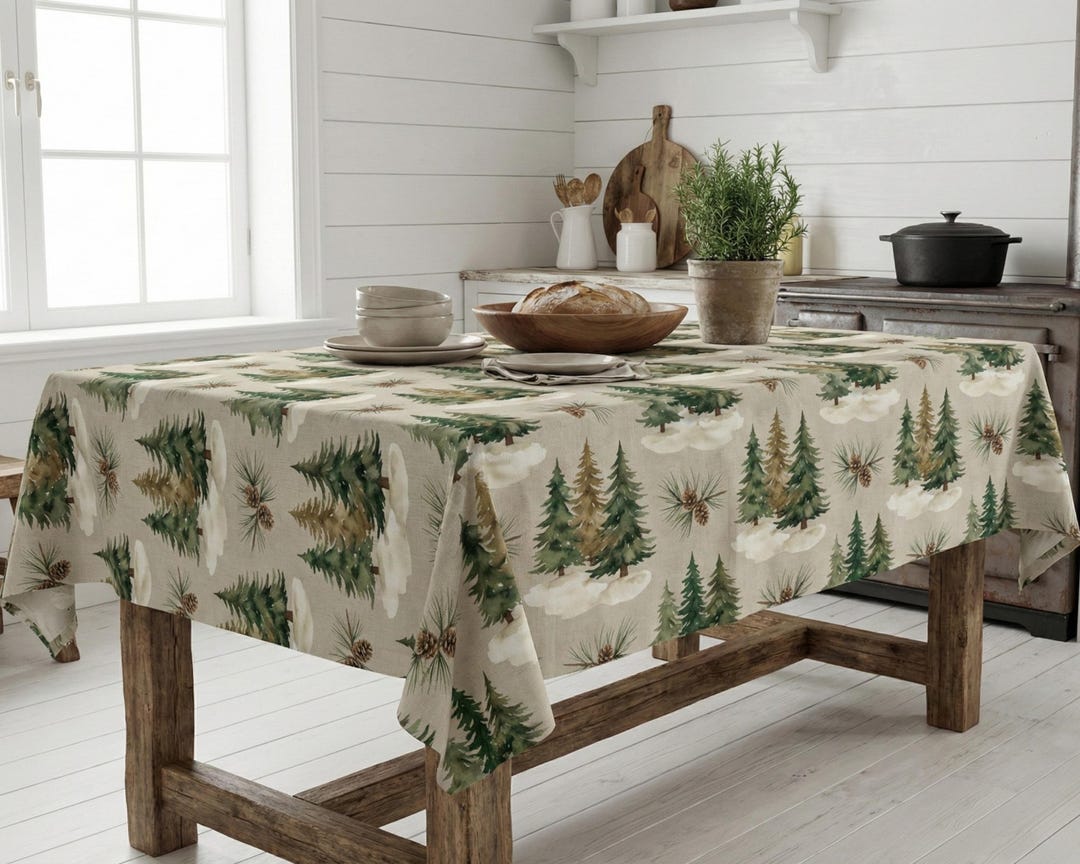 Winter Woodland Tablecloth – Rustic Cabin Evergreen Pine Tree Print - Etsy