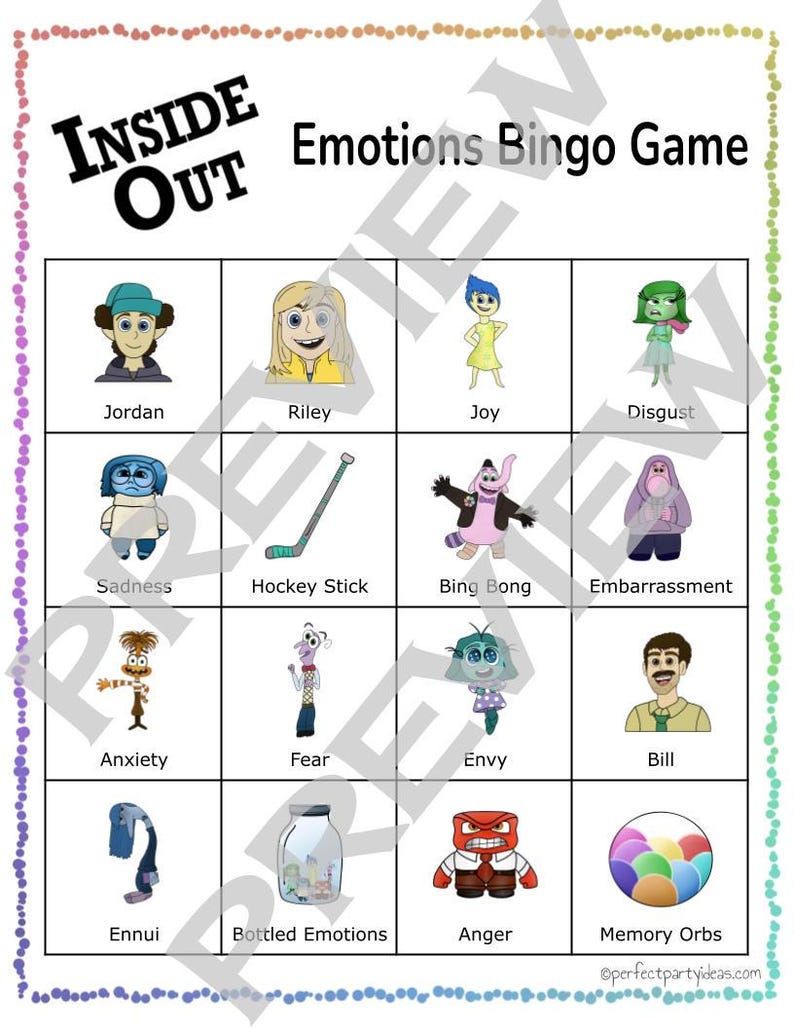 Inside Out Emotions Bingo Game | Printable 20-card Game | Instant ...
