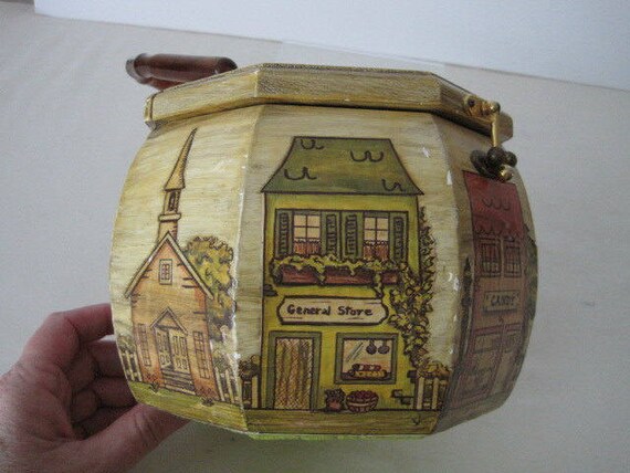 vintage Octogan Shaped Decoupage Box Handbag - wooden… - Gem